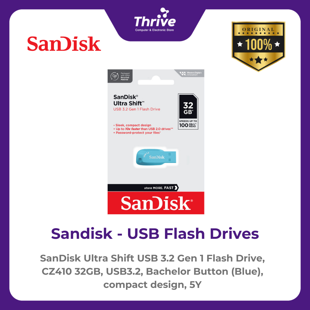 SanDisk Ultra Shift USB 3.2 Gen 1 Flash Drive, CZ410 32GB, USB3.2, Bac ...