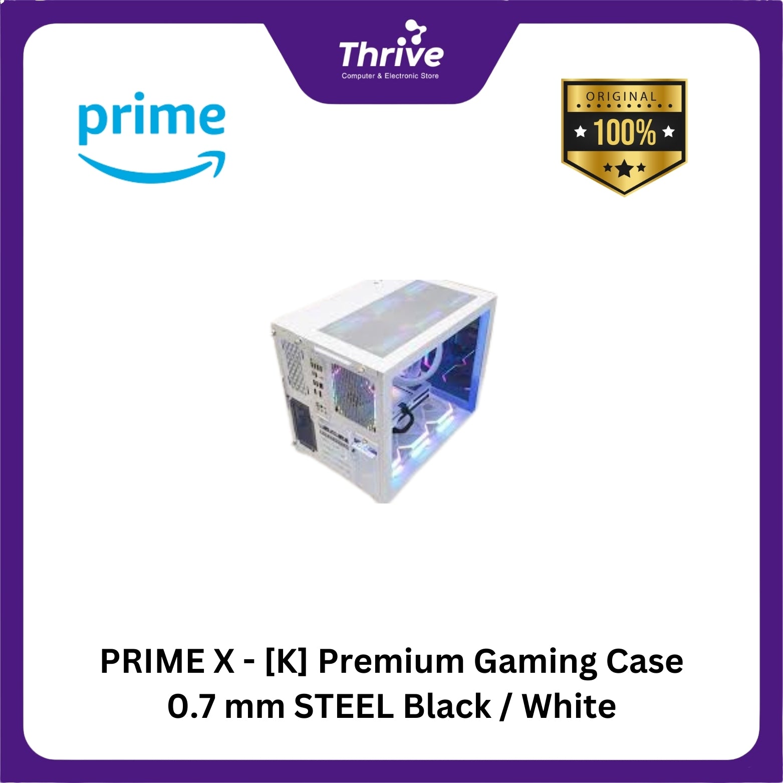 PRIME X - [K] Premium Gaming Case 0.7 mm STEEL Black / White - Sultan Store