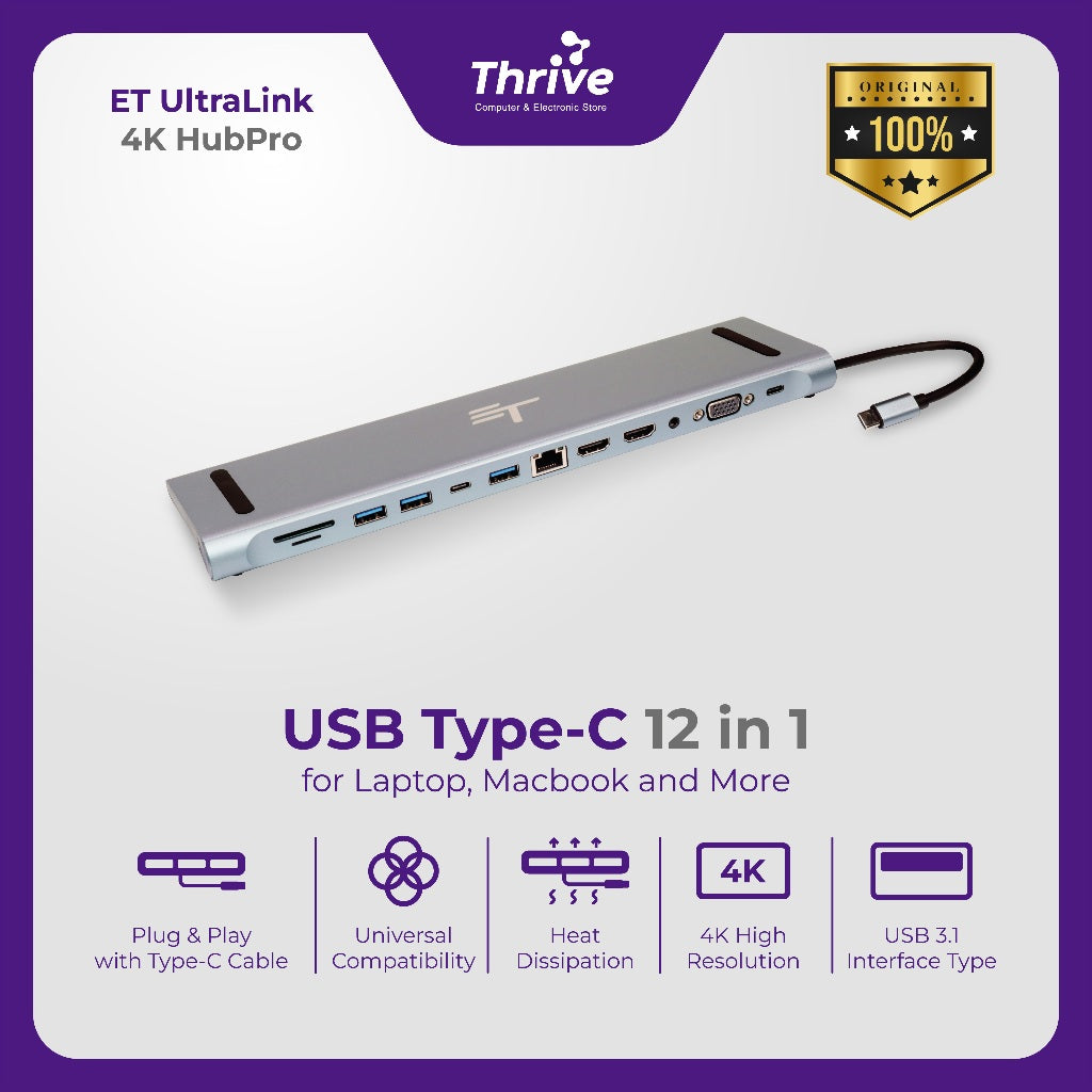 ET UltraLink 4K HubPro - USB Type-C Hub 12in1 Adapter Docking Station - Sultan Store